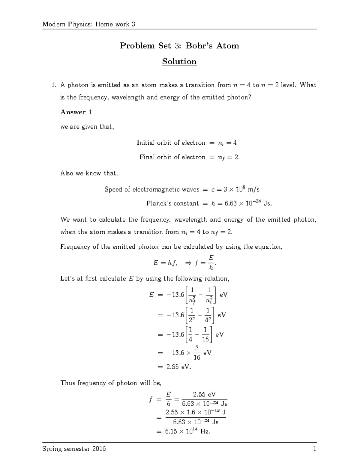 Analysis of a Hydrate - lab report - Problem Set 3 : Bohr’s Atom ...