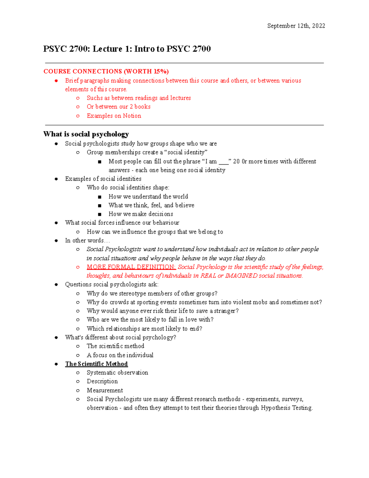 PSYC 2700 Lecture 1 (Sept 12th) - PSYC 2700: Lecture 1: Intro to PSYC 2700 COURSE CONNECTIONS ...
