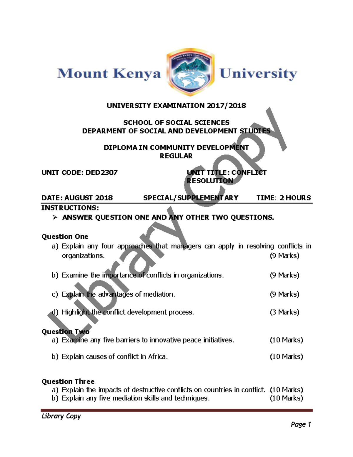 Ded2307 Conflict Resolution Reg Supp Library Copy Page 1 University Examination 2017 School