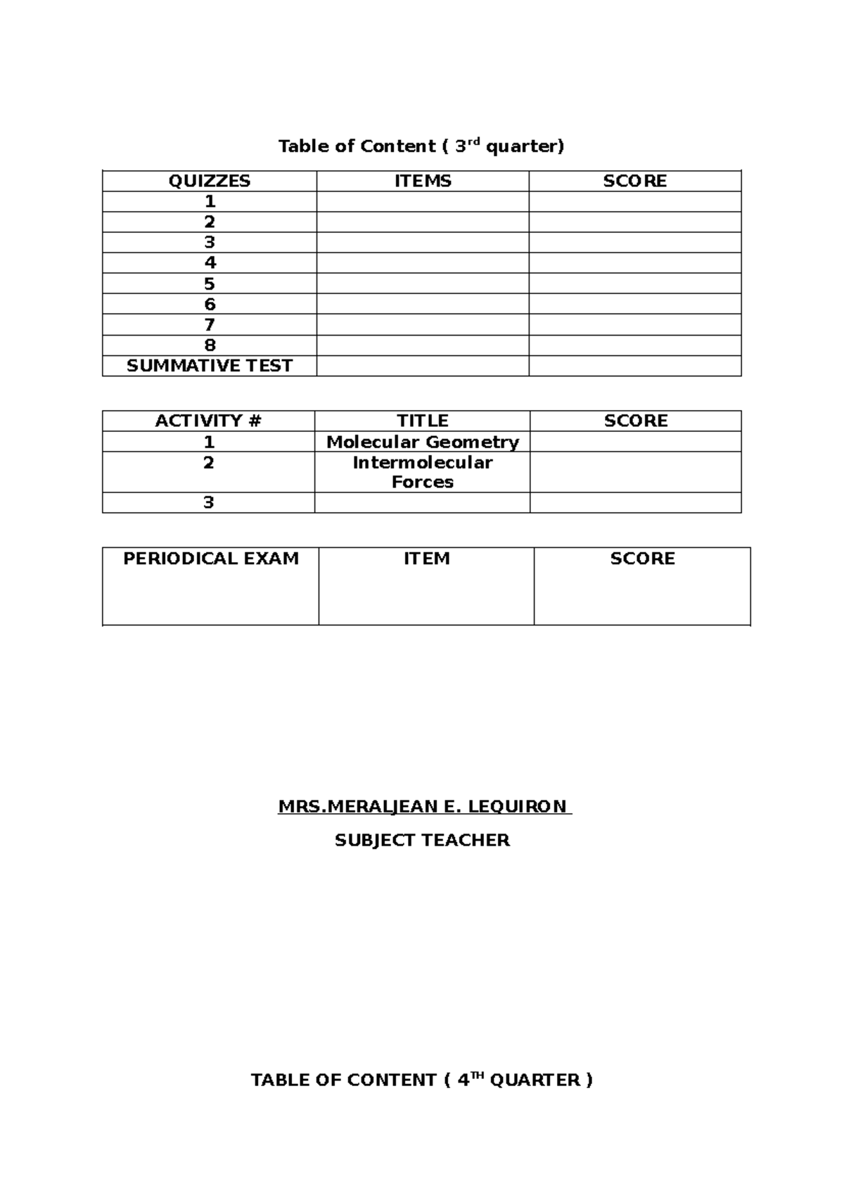 Document - BNC seranno - Table of Content ( 3rd quarter) QUIZZES ITEMS ...