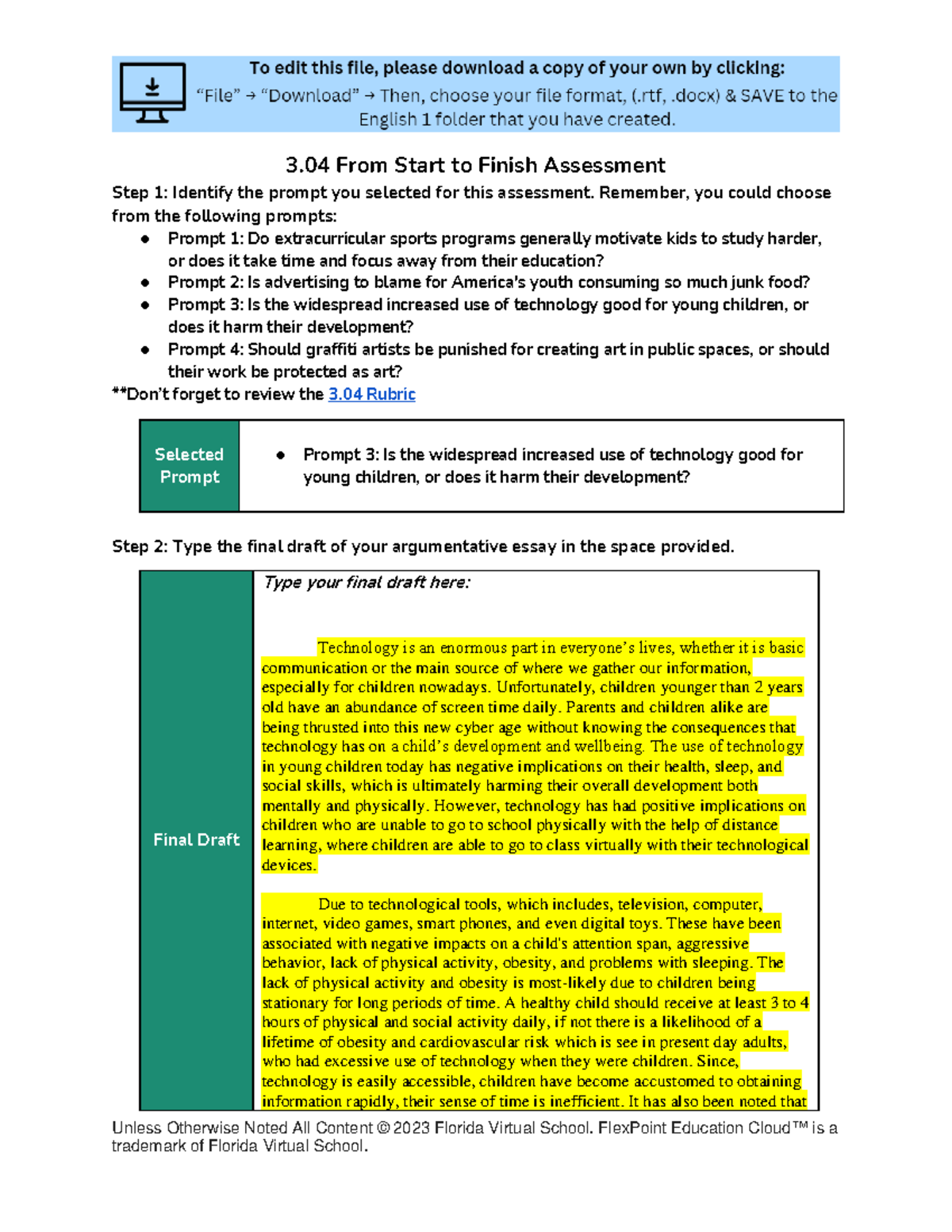 3.04 Assignment - The assessment gives the instruction on the 3.04 ...