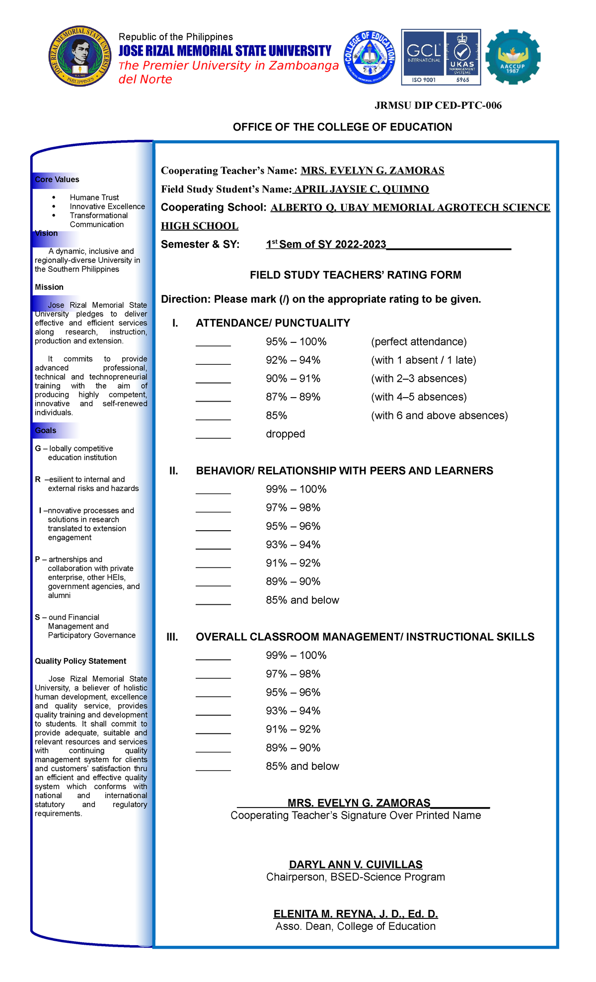 Cooperating Teacher Rating Form - g. JRMSU DIP CED-PTC- OFFICE OF THE ...