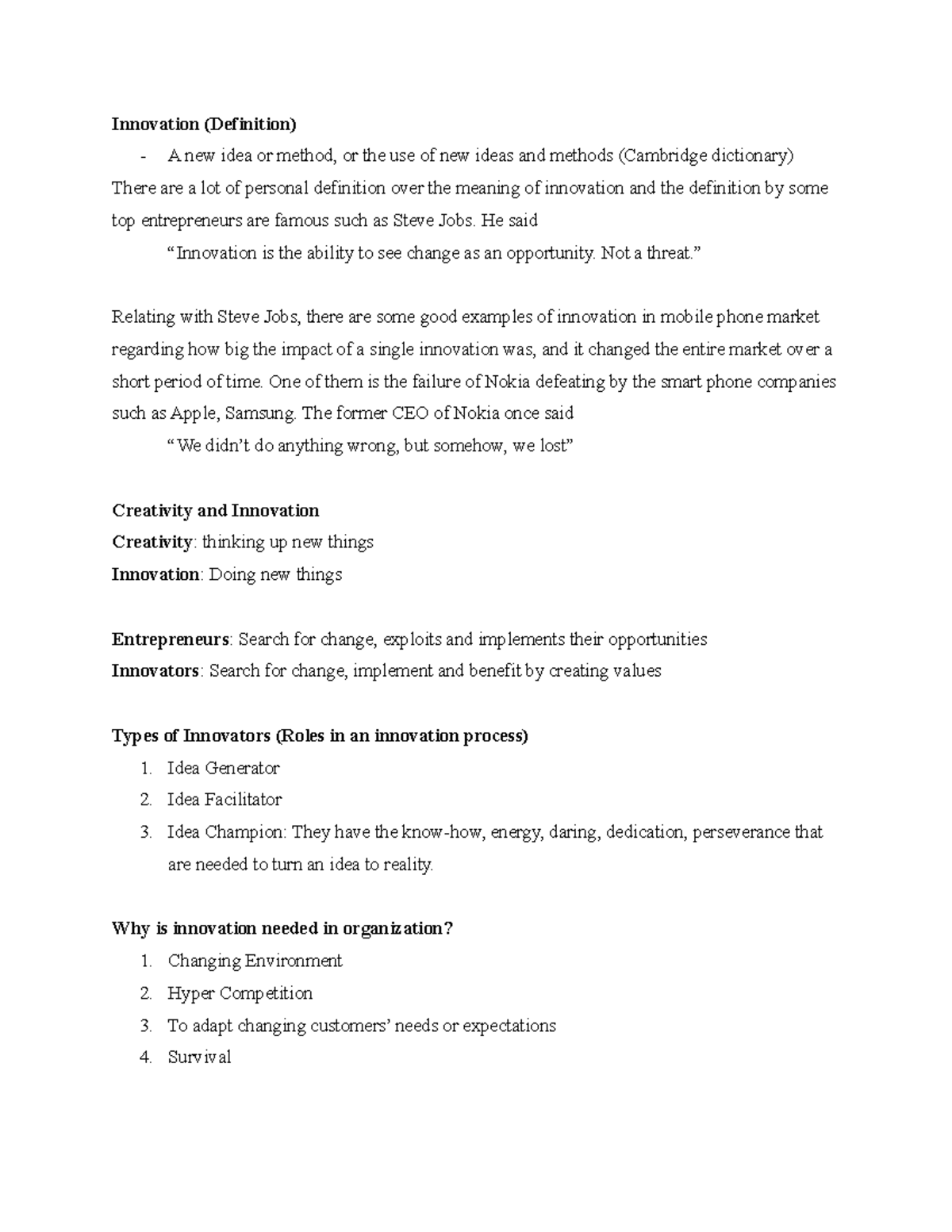 Innovation and Entrepreneur (Week 1 notes) - Innovation (Definition ...