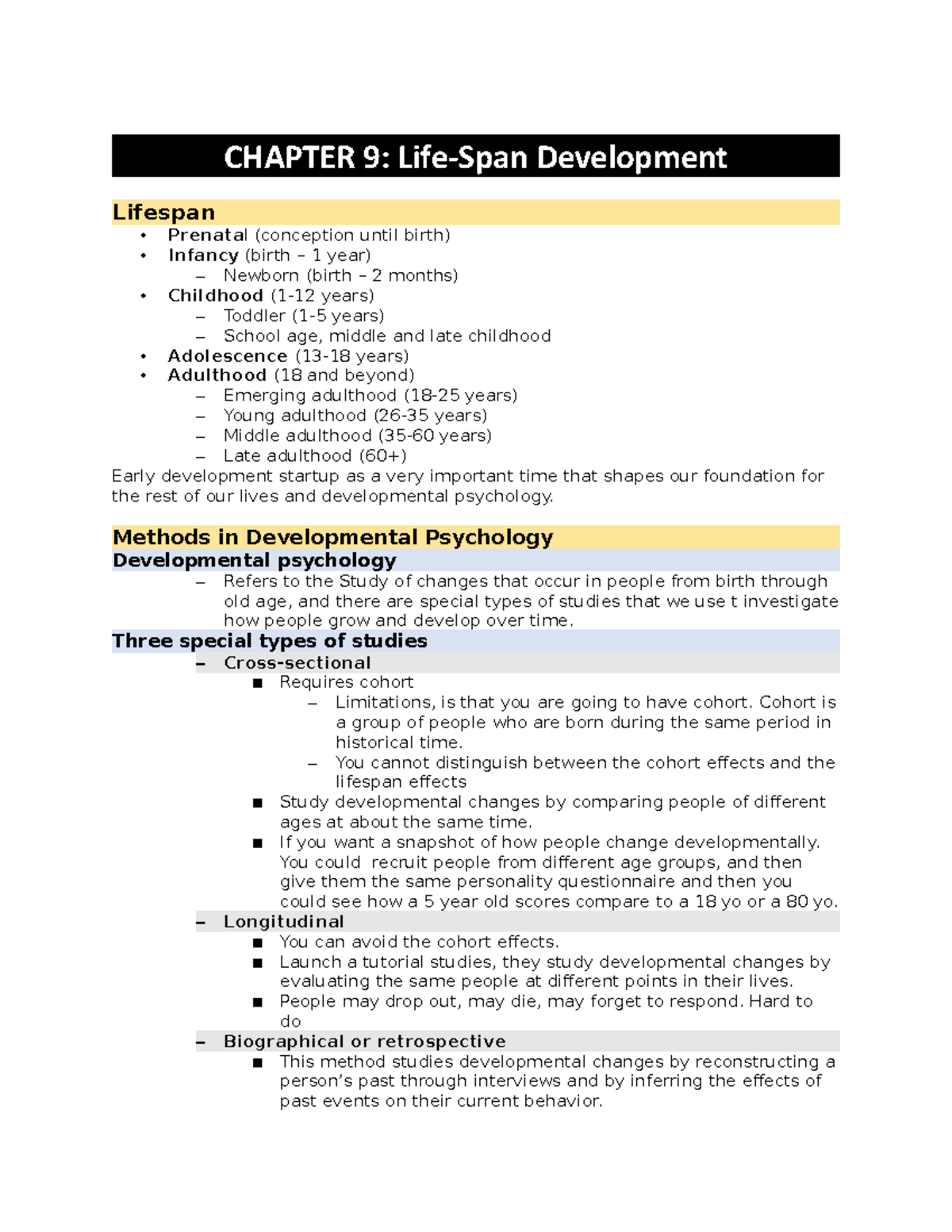 00 Chapter 9-10- 14 Lecture Notes - CHAPTER 9: Life-Span Development ...