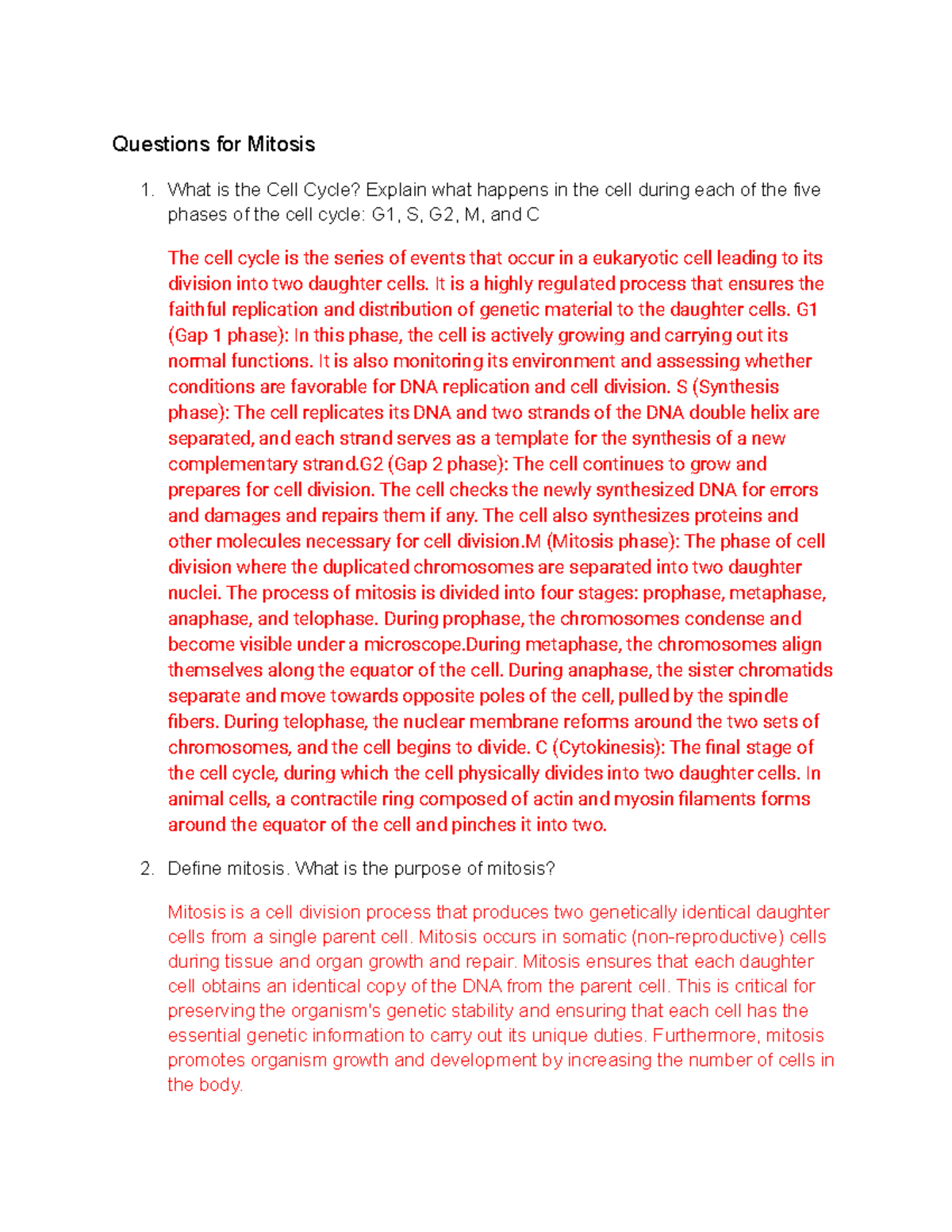 Questions for Cell Division Mitosis - Questions for Mitosis What is the ...