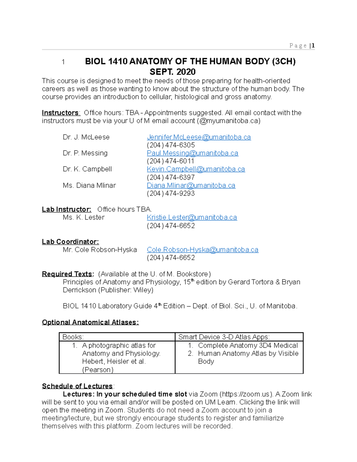 BIOL1410 syllabus, for year 2020, university of manitoba - 1 BIOL 1410 ...