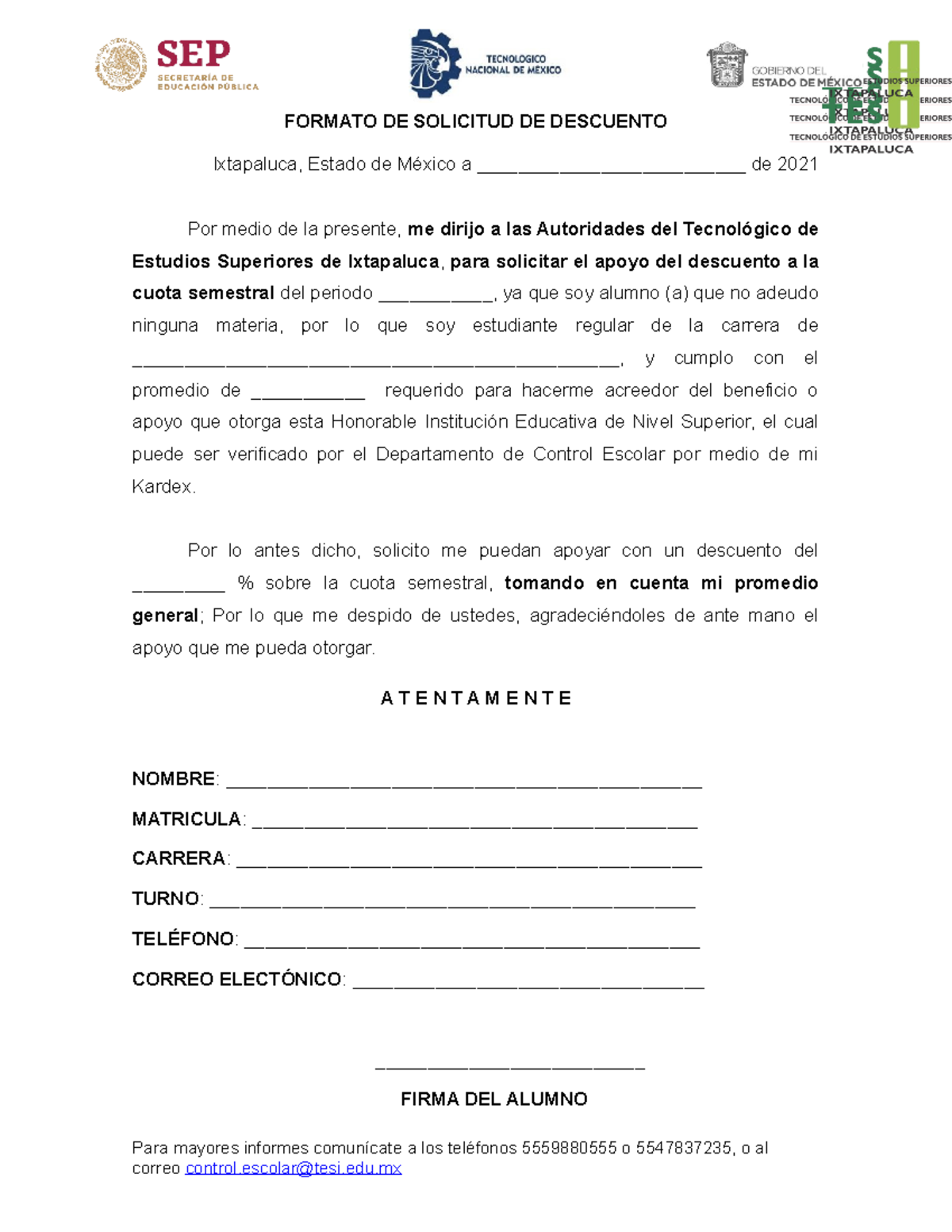 Formato de Descuento - FORMATO DE SOLICITUD DE DESCUENTO Ixtapaluca ...