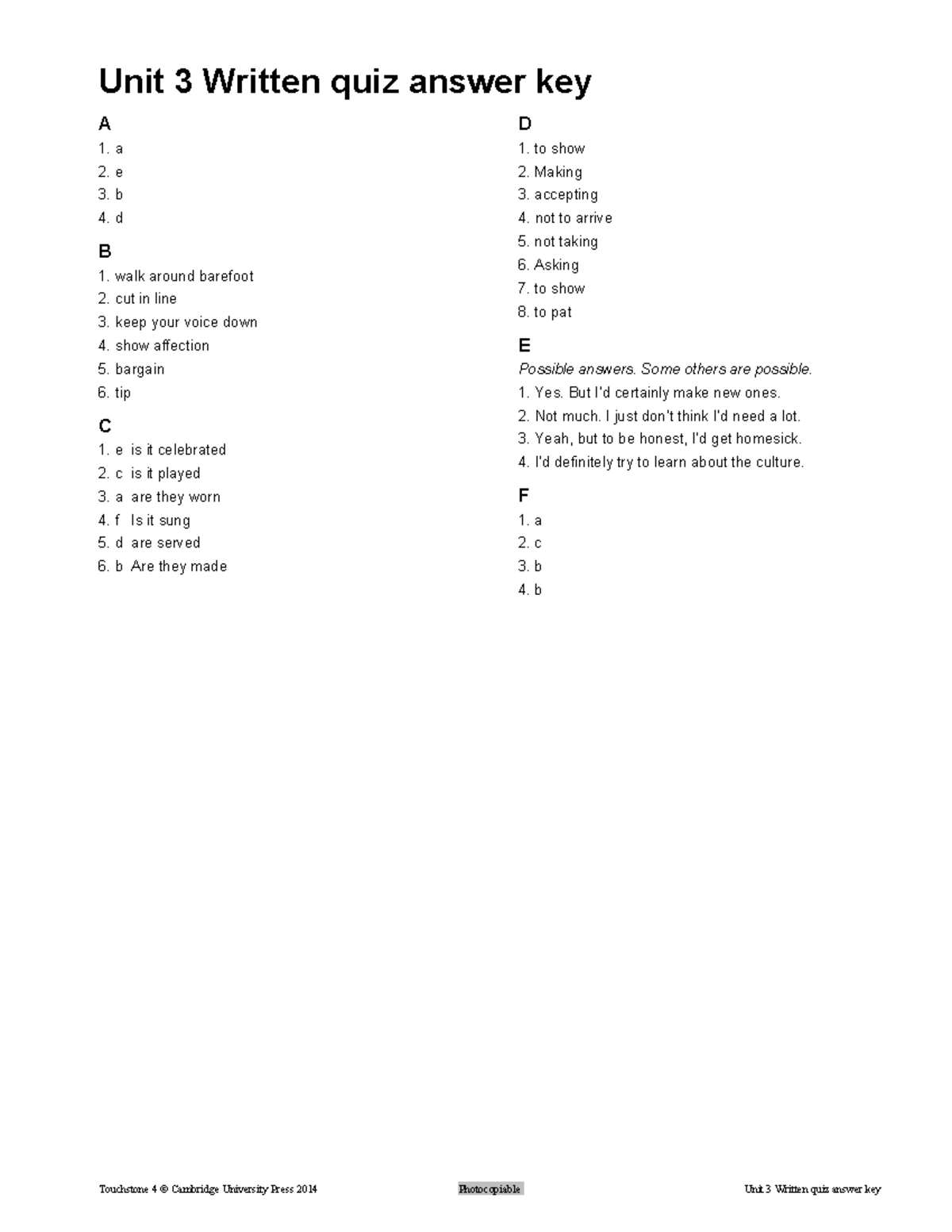Course 13 UNIT 3 Written QUIZ Answer KEY - Touchstone 4 © Cambridge ...