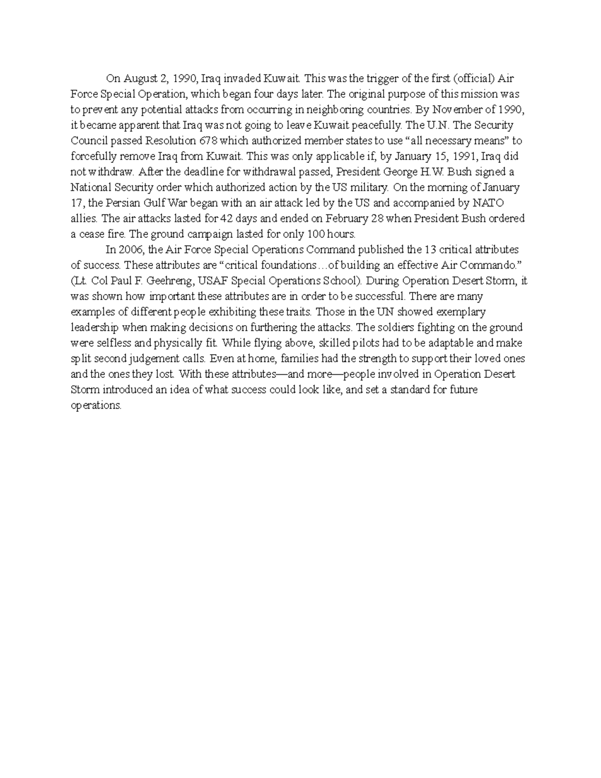 Air Commando Association Award essay - On August 2, 1990, Iraq invaded ...