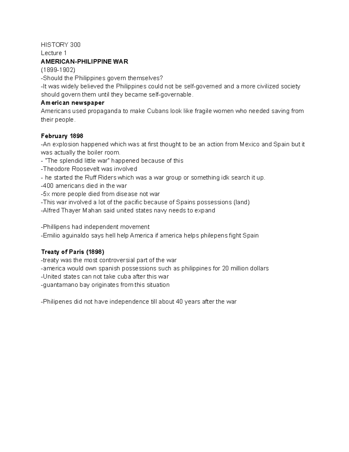 Lecture 1 Week 1 - HISTORY 300 Lecture 1 AMERICAN-PHILIPPINE WAR (1899 ...