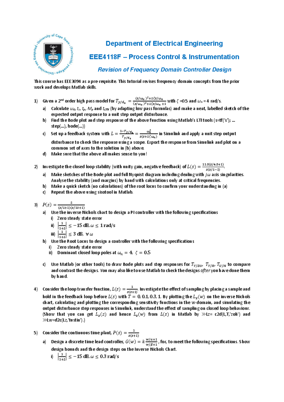 EEE4118 Tut 1 Frequency domain revision - Department of Electrical ...