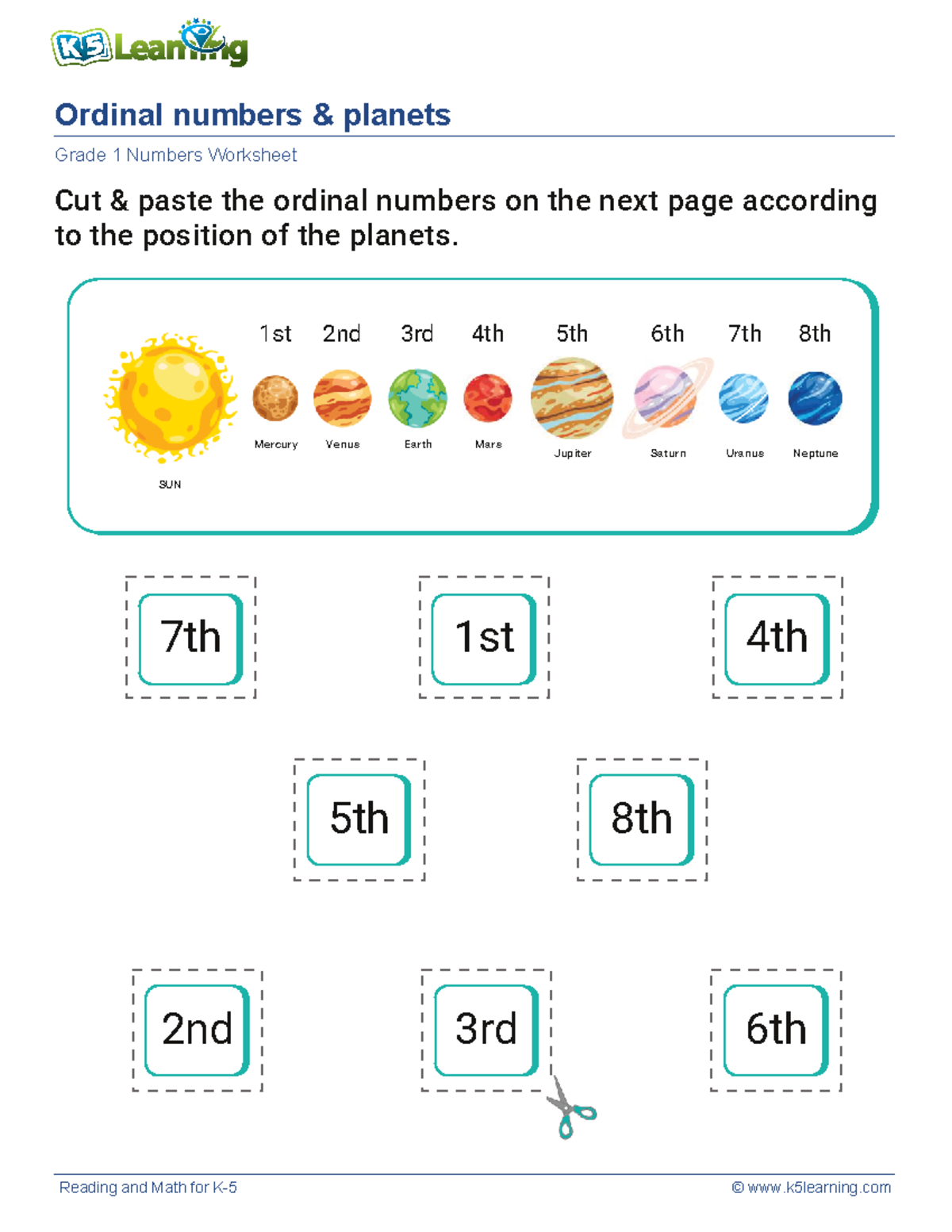 Grade 1 ordinal numbers f - Cut & paste the ordinal numbers on the next ...
