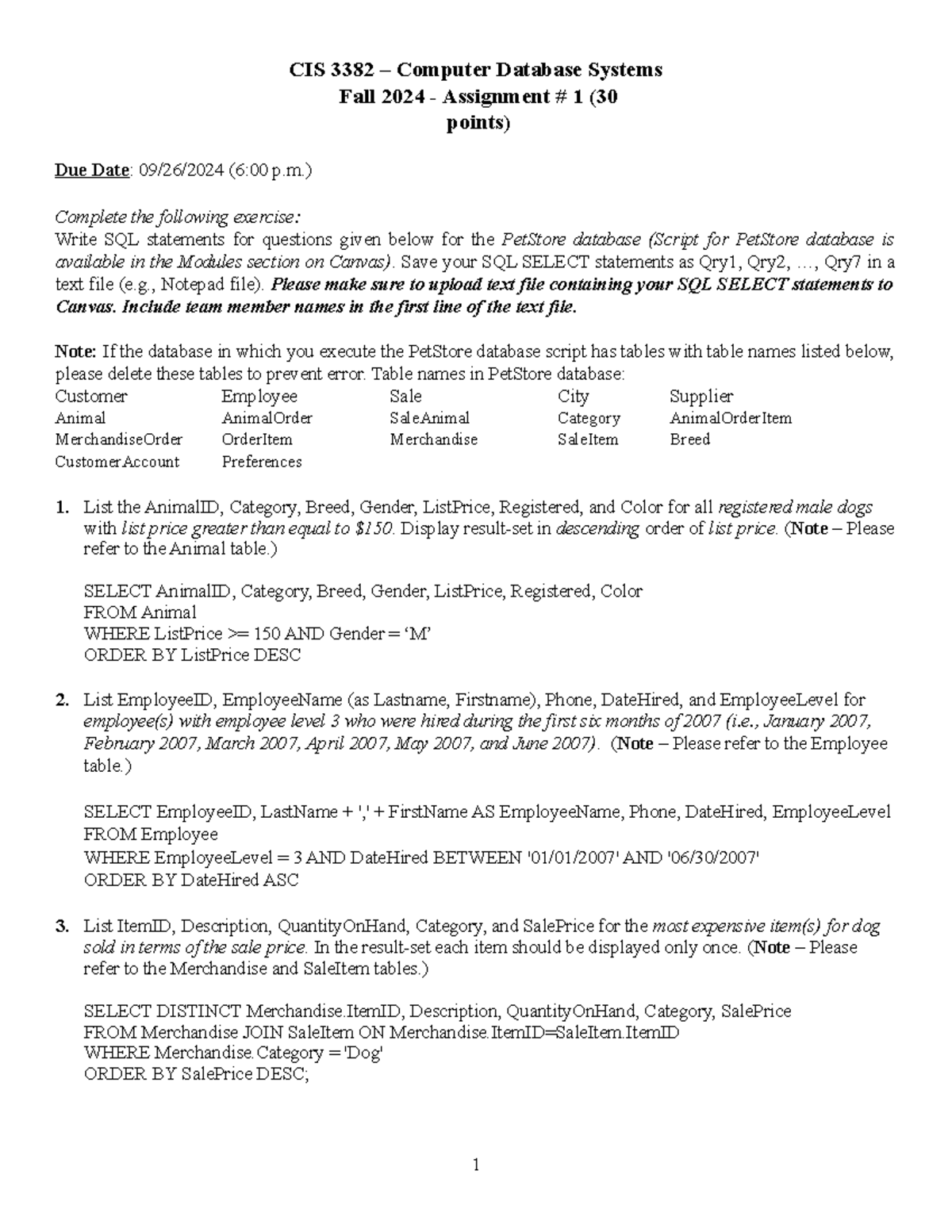 Assign 1Fall2024-TR - CIS 3382 – Computer Database Systems Fall 2024 - Assignment # 1 ( points ...