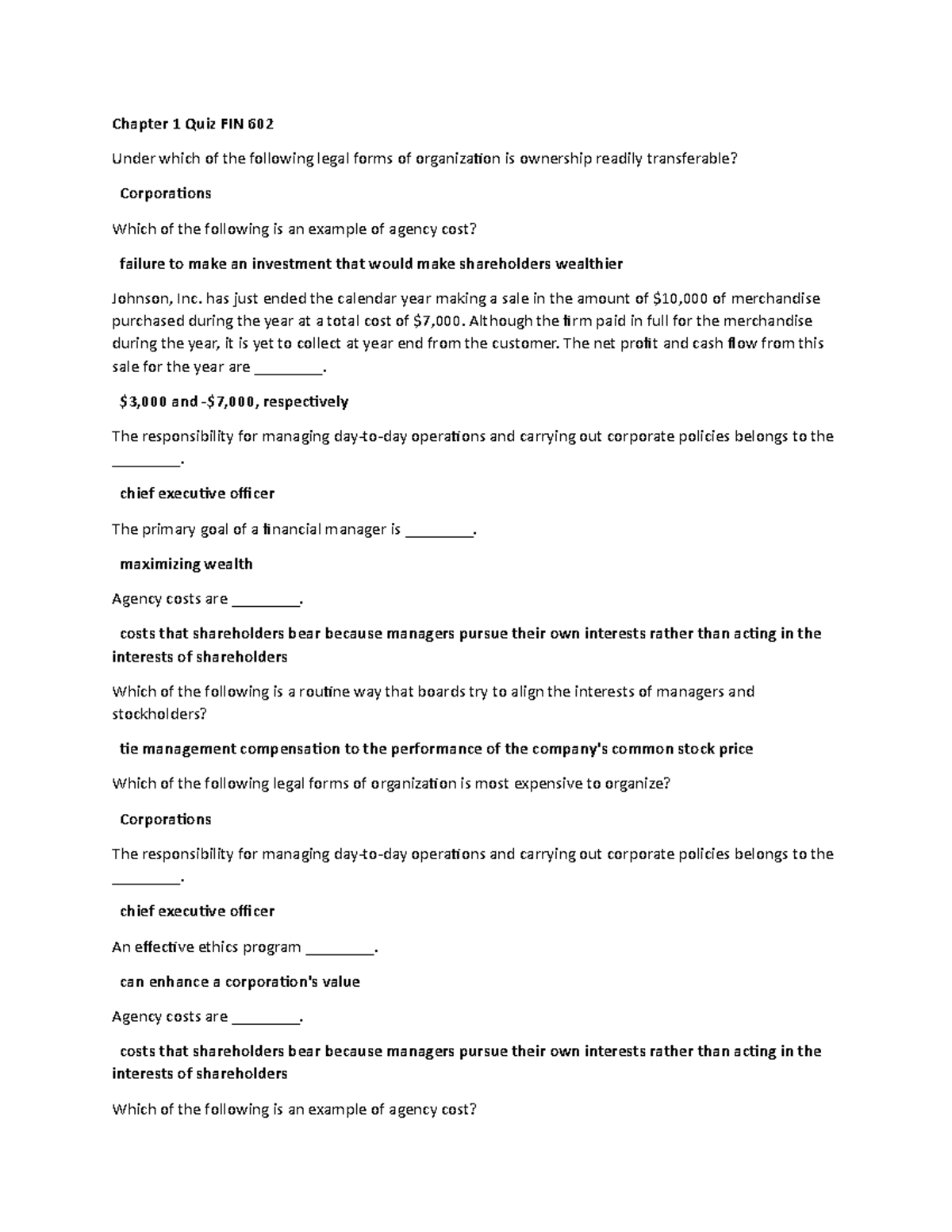 Chapter 1 Quiz FIN 602 - Not Available - Chapter 1 Quiz FIN 602 Under ...