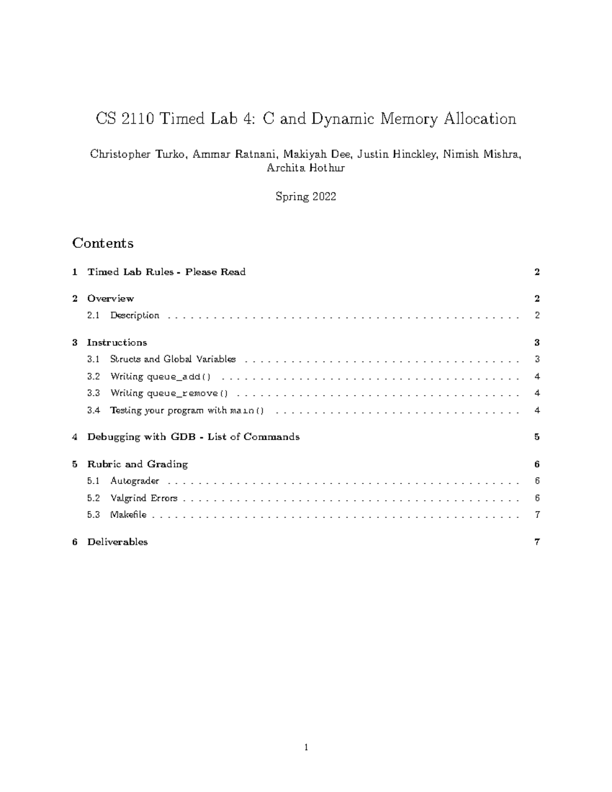 Tl04 Timed Lab Cs 2110 Timed Lab 4 C And Dynamic Memory Allocation 4547
