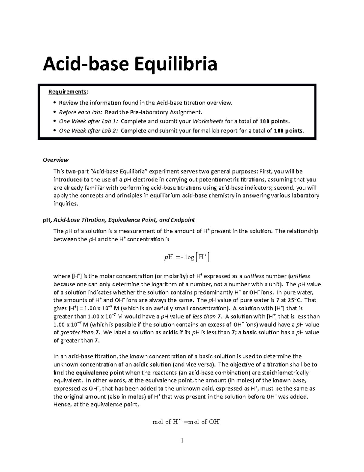 Acid-base I and II Lab Worksheet - Acid-base Equilibria Requirements ...