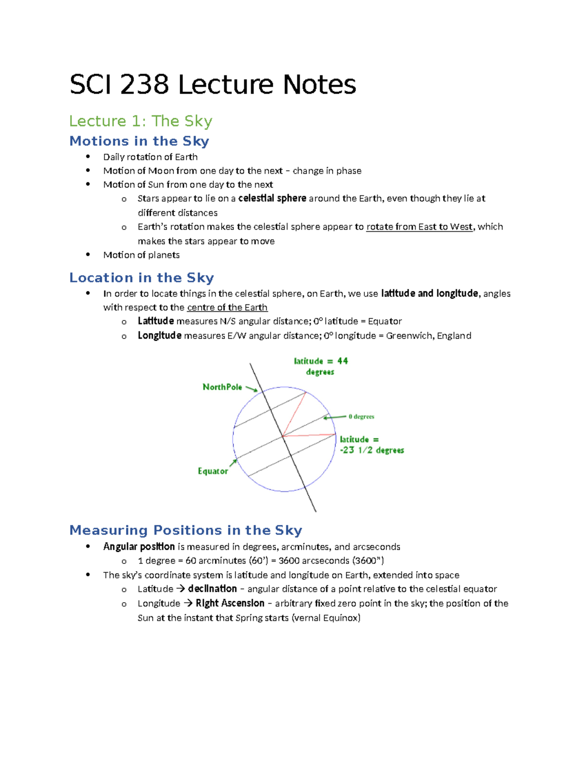 SCI238 Lecture Notes - SCI 238 Lecture Notes Lecture 1: The Sky ...