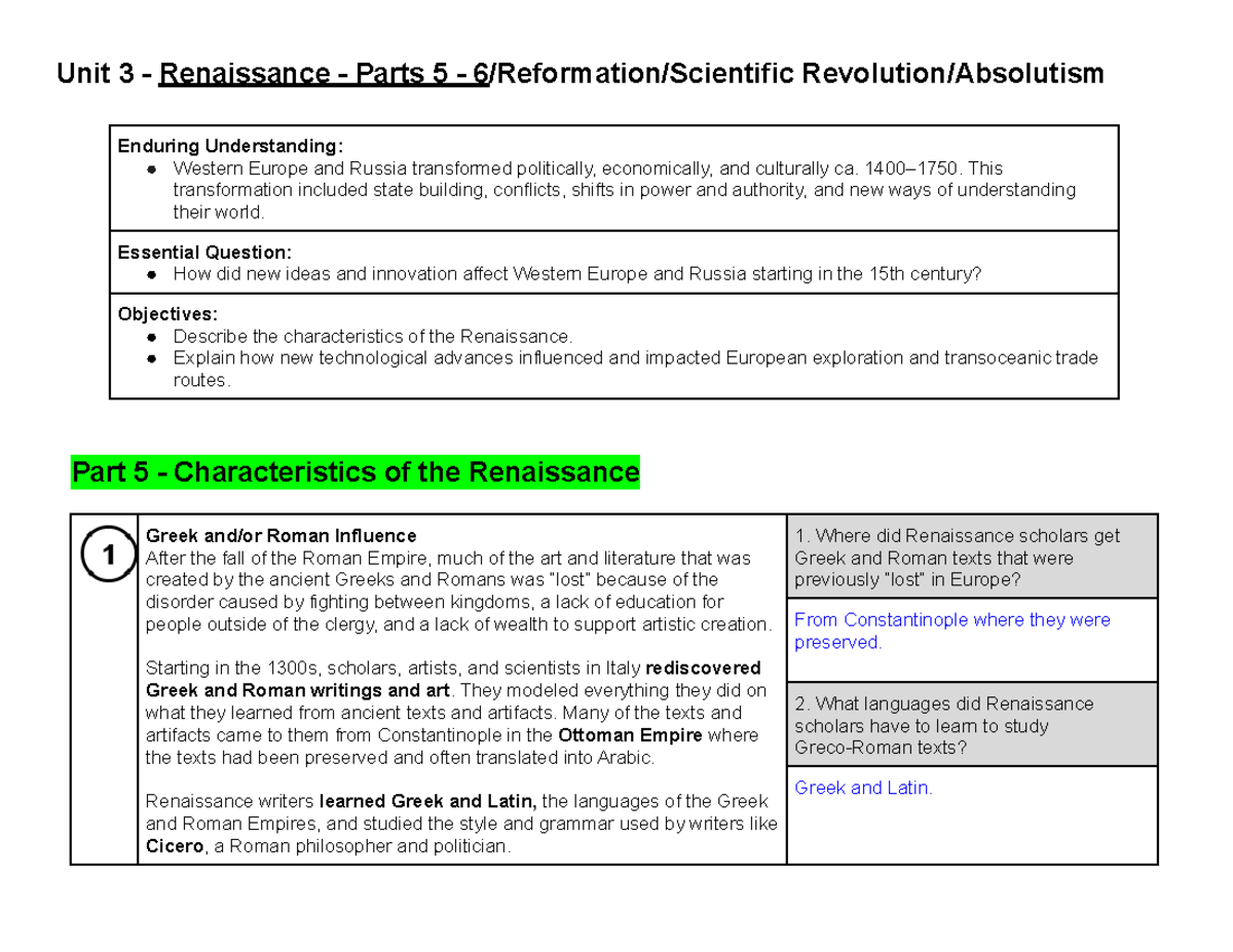 Renaissance - World History - Parts 5 - 6 - Academic - Unit 3 ...