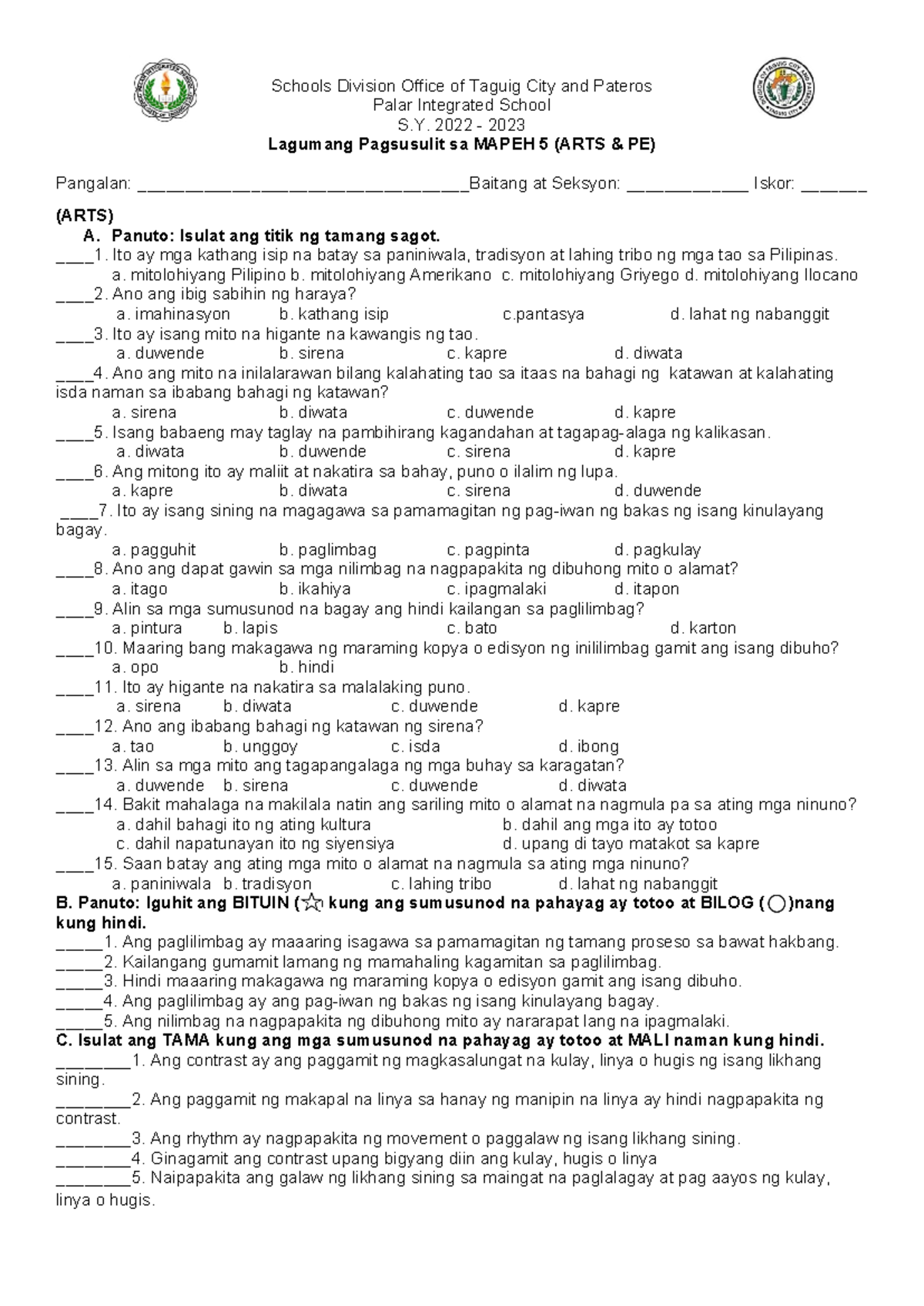 Mapeh Q3 Summative 1 WITH TOS - Schools Division Office of Taguig City ...