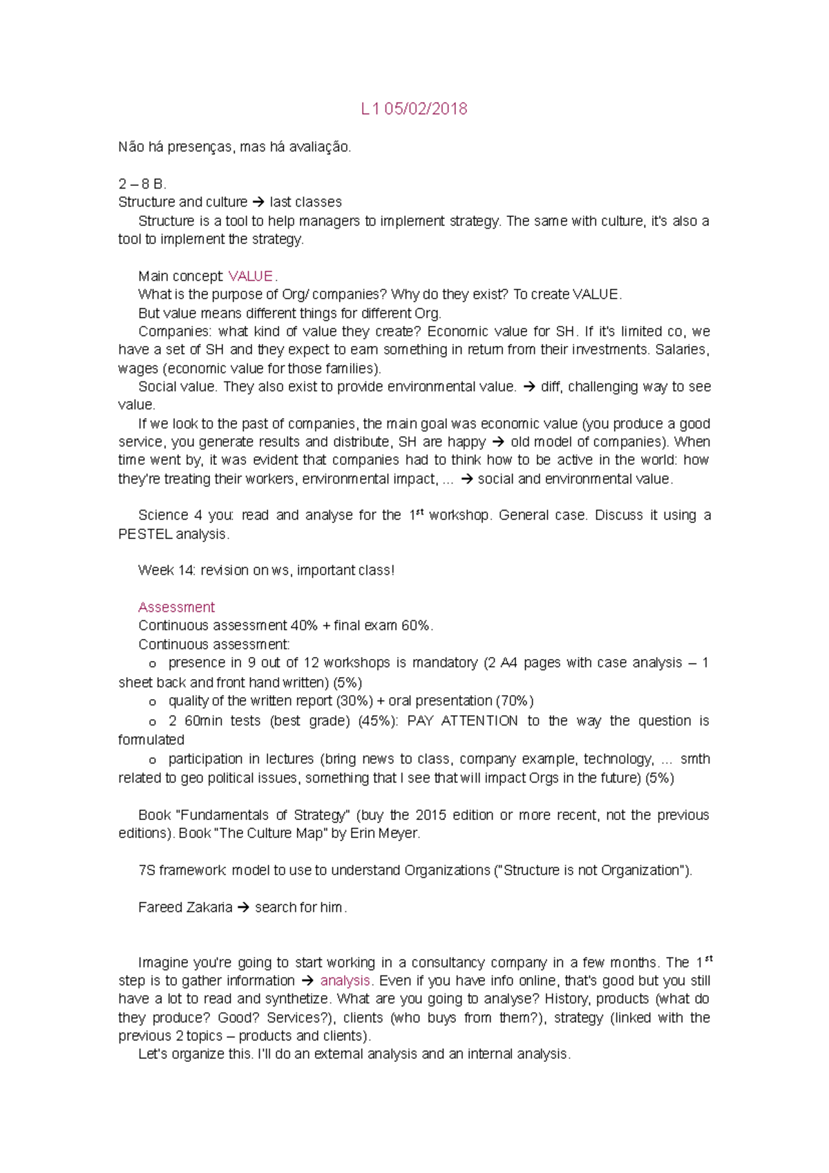 L-notes - Resumo OPG - L1 mas 2 8 B. Structure and culture last classes ...