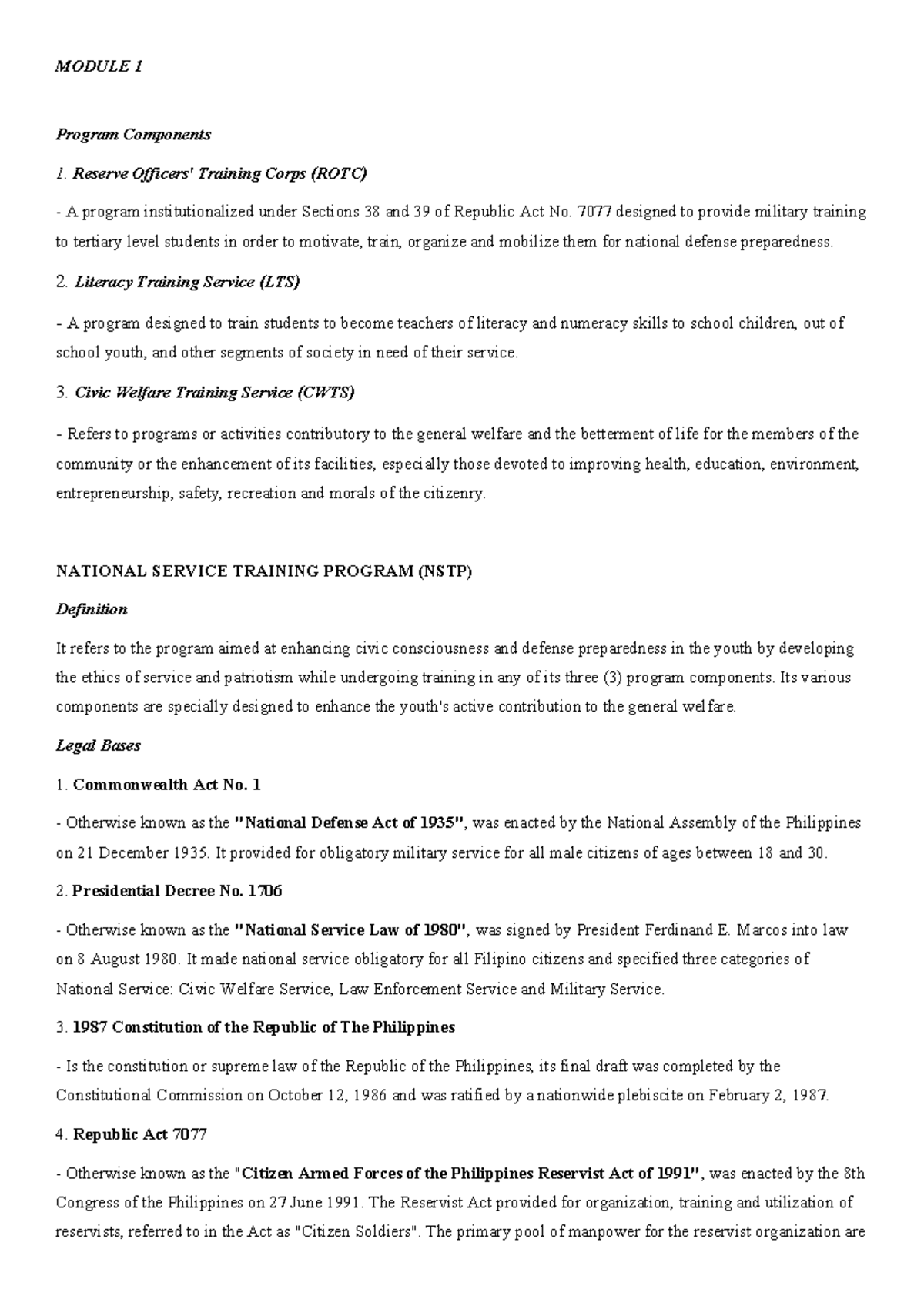 Nstp prelims - MODULE 1 Program Components 1. Reserve Officers ...