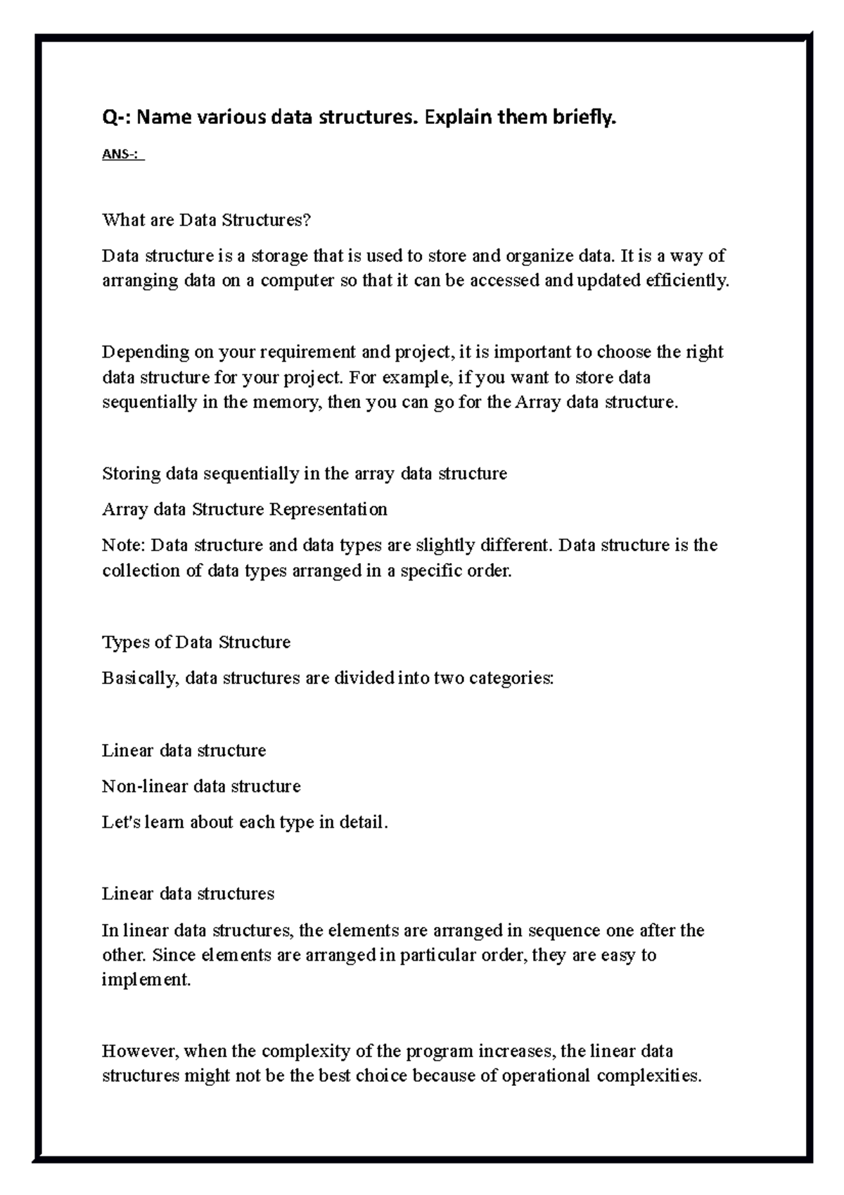 DSA Assignment 1 - Q-: Name various data structures. Explain them ...