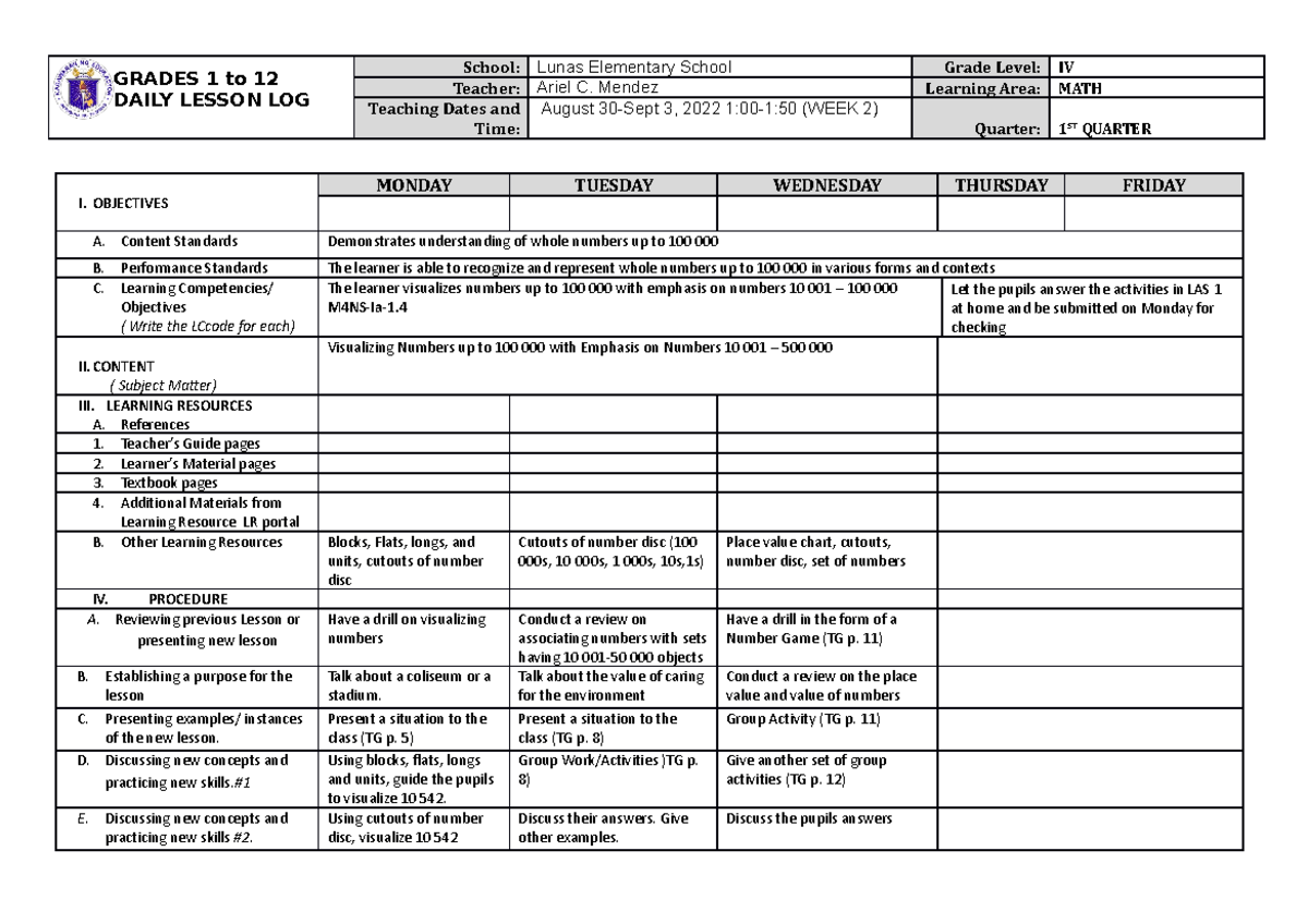 DLL MATH 4 Q1 W1 - none - GRADES 1 to 12 DAILY LESSON LOG School: Lunas ...
