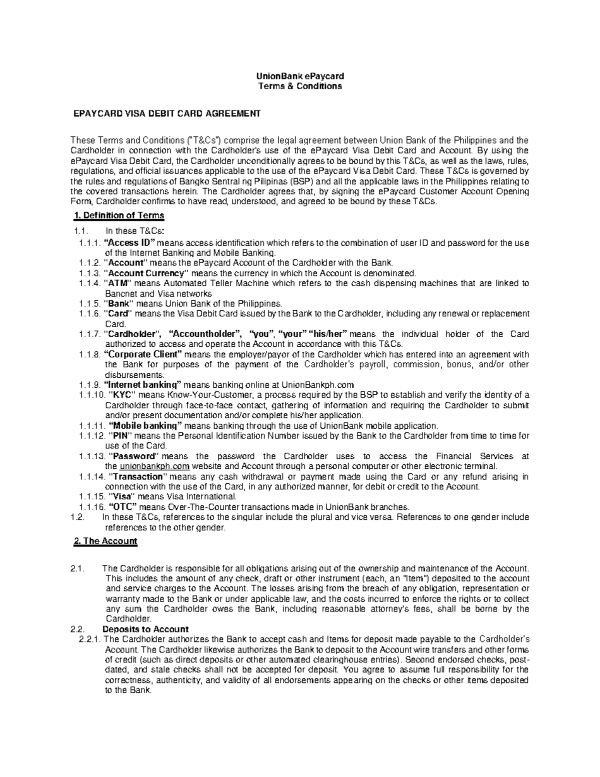 TCs TBC e Paycard Aug 2021 - UnionBank ePaycard Terms & Conditions ...