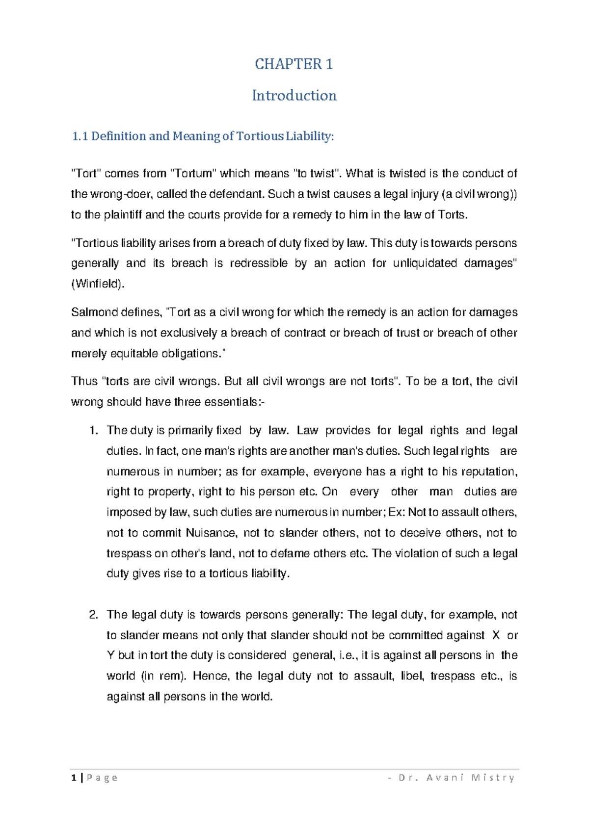 Torts Notes for LLB Sem 1 - CHAPTER 1 Introduction 1 Definition and ...