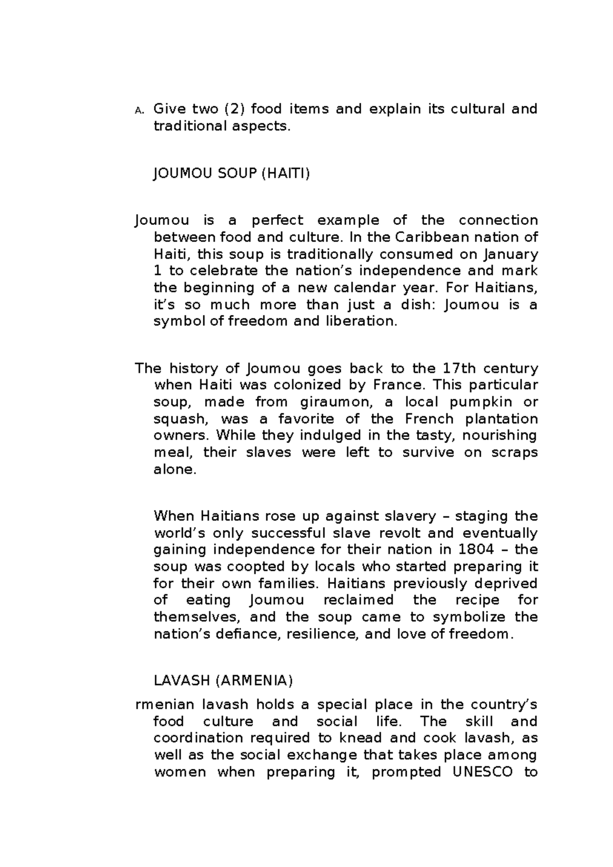 Ic h1 - A. Give two (2) food items and explain its cultural and ...