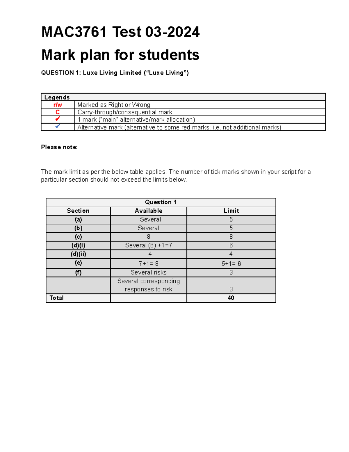 Mark plan for students test 3 2024 - MAC3761 Test 03- Mark plan for ...