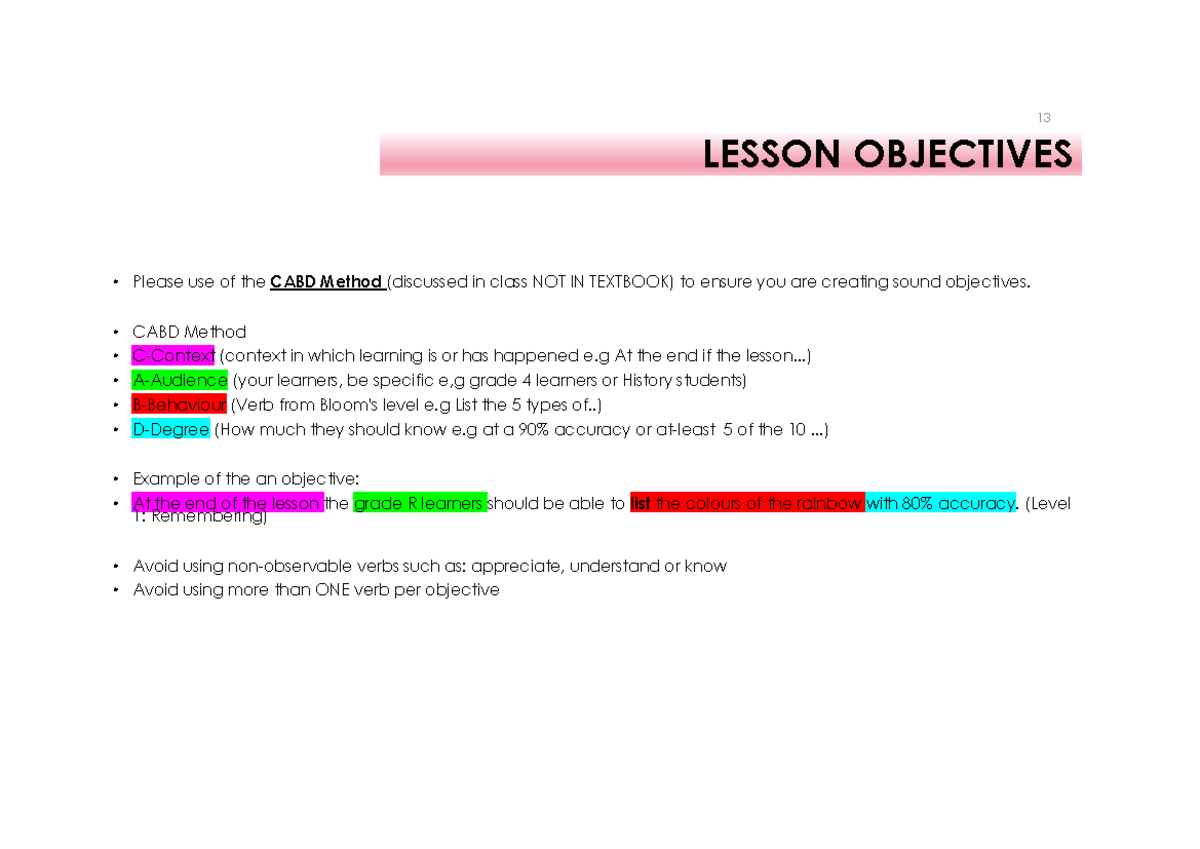 CABD Method Lesson Objectives - LESSON OBJECTIVES Please use of the ...