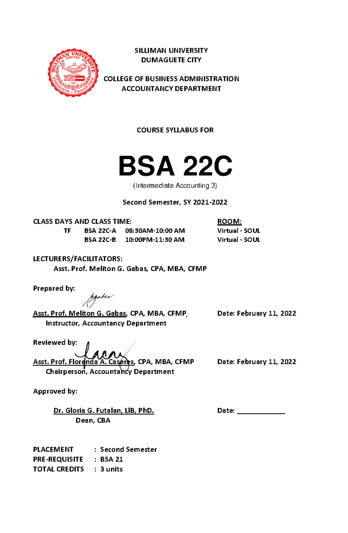 BSA 22 2021 2022 2nd Sem - This is a course syllabus containing the ...