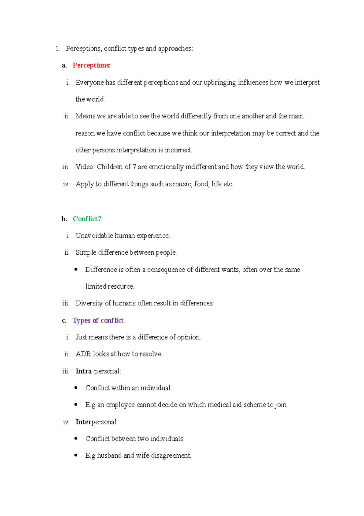Perception, conflict summary week 1 - Perceptions, conflict types and ...