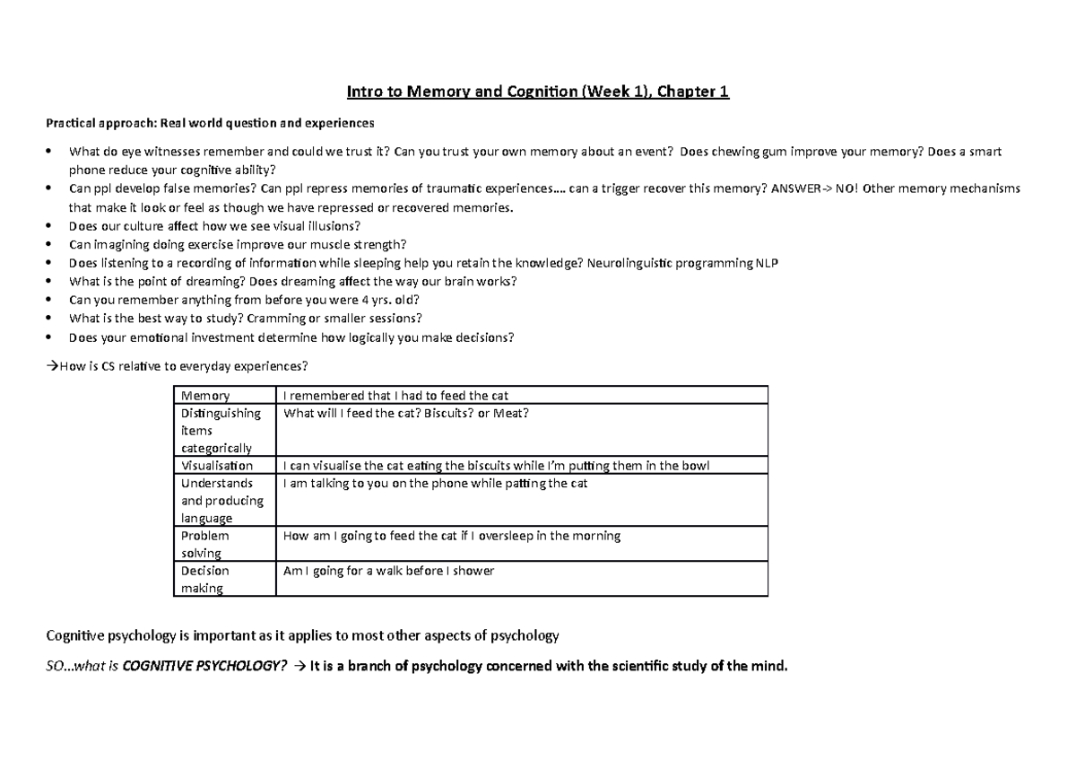 Notes - Memory and Cognition - Intro to Memory and Cognition (Week 1 ...