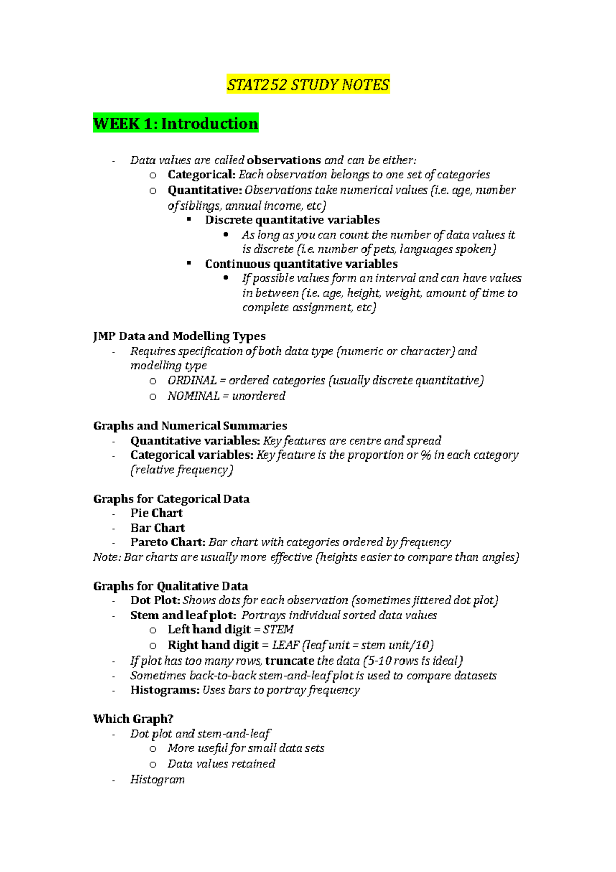 Stat252 Study Notes Stat252 Uow Studocu