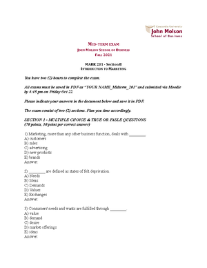 Midterm exam practice questions-answers - Part I: Multiple Choice Questions (45 Marks) Which of ...