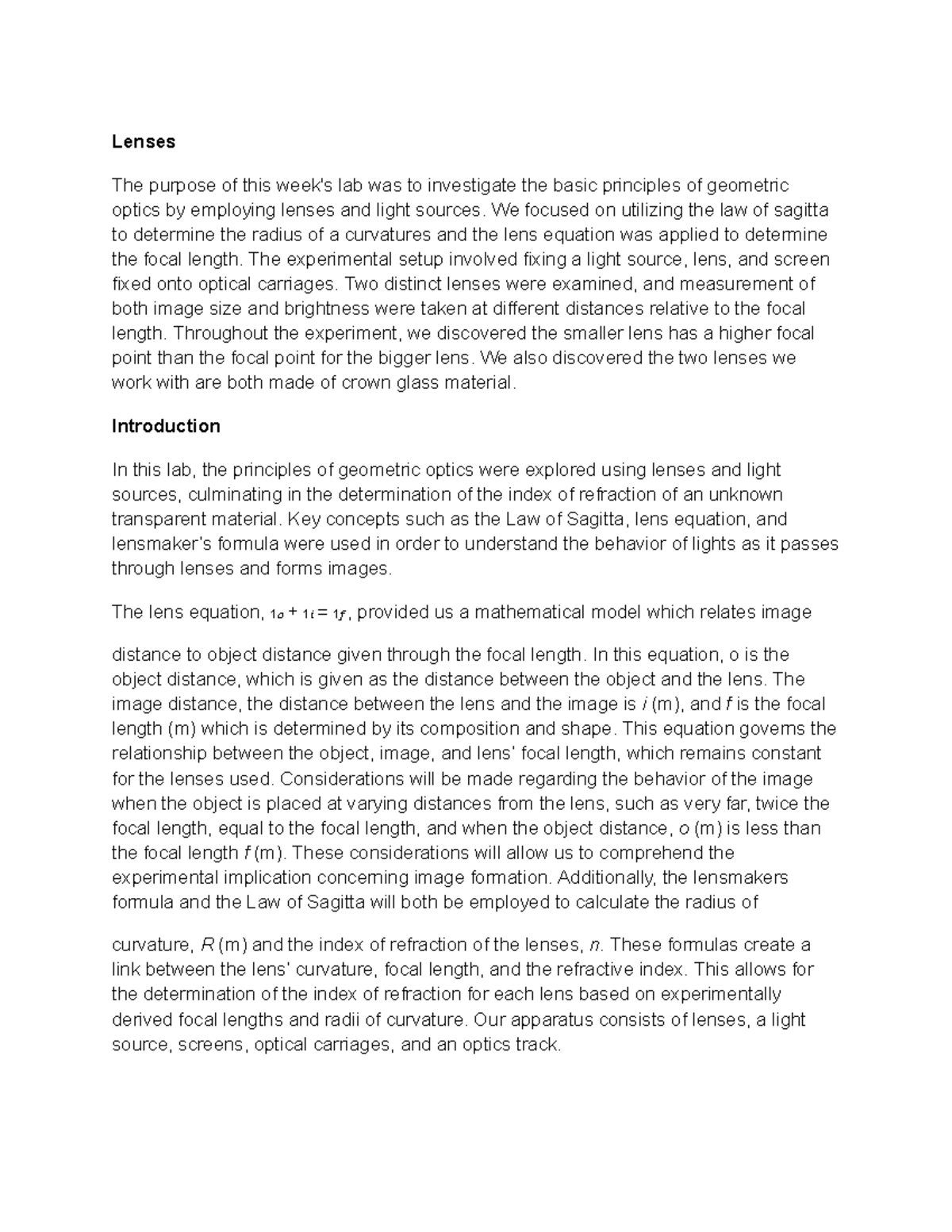 Lenses - labreport - Lenses The purpose of this week's lab was to ...