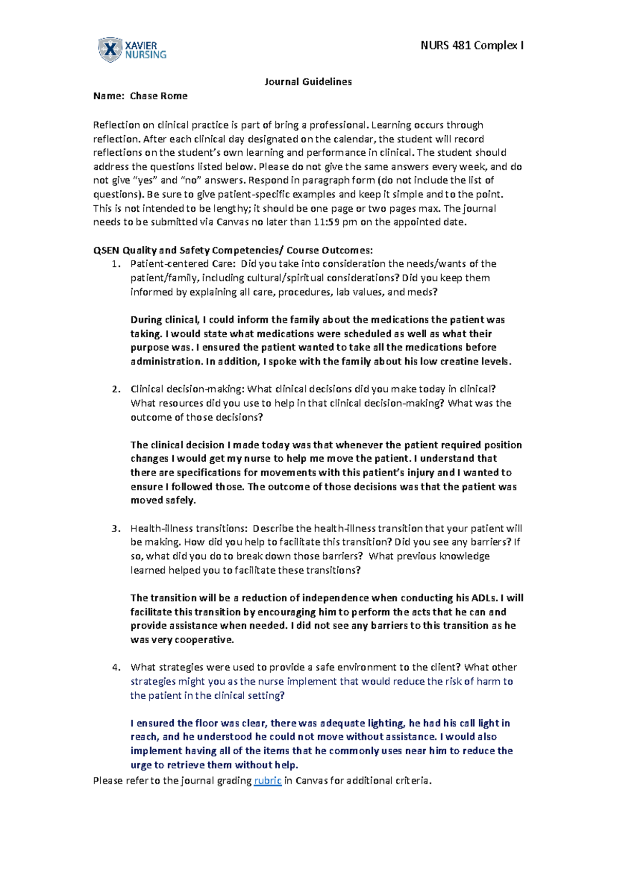 Clinical Journal - NURS 481 Complex I Journal Guidelines Name: Chase ...