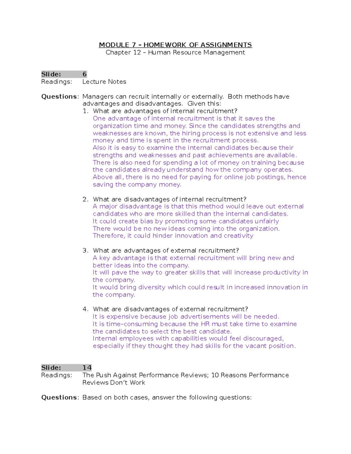Module 7 - homework assignments - MODULE 7 – HOMEWORK OF ASSIGNMENTS Chapter 12 – Human Resource ...