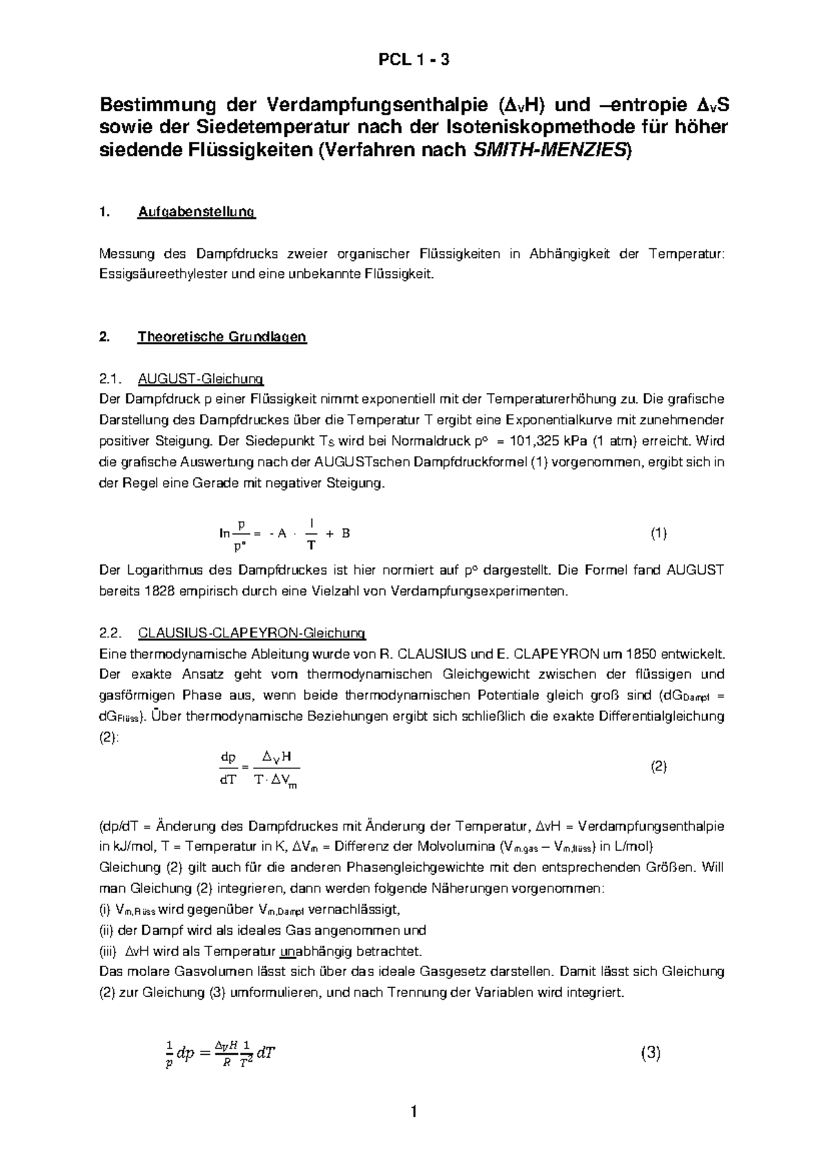 PCL1-3 - Protokoll - Bestimmung der Verdampfungsenthalpie ( vH) und – entropie vS sowie der ...