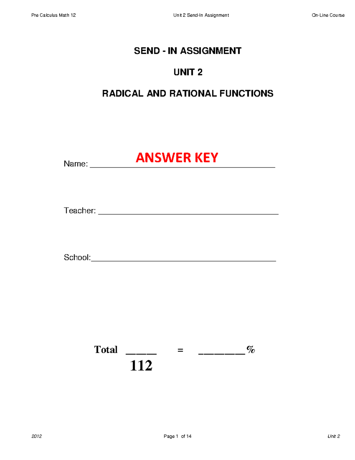 Radical rationals - key - SEND - IN ASSIGNMENT UNIT 2 RADICAL AND ...
