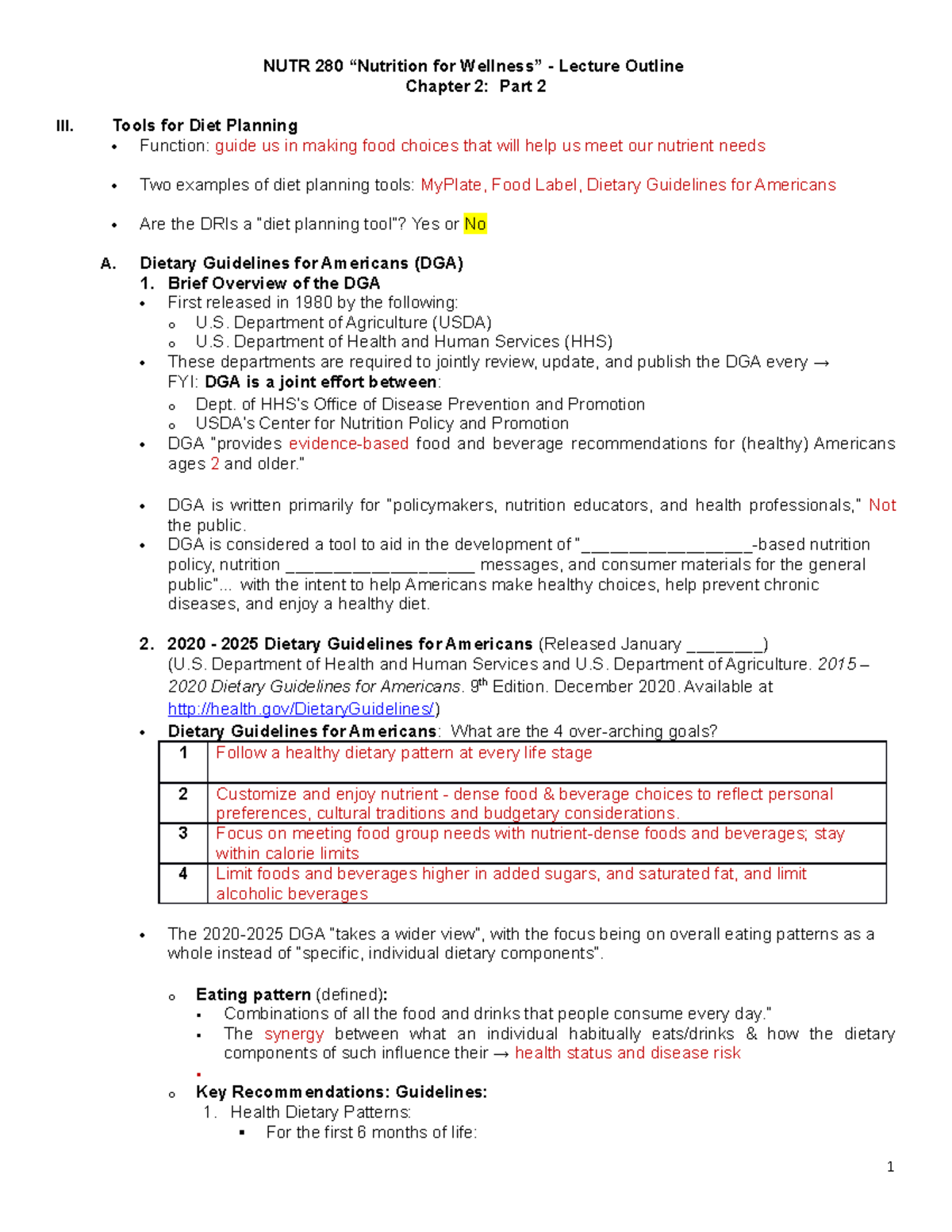 Chapter 2 Student Outline - Guidelines for a Healthy Diet, Part 2 ...
