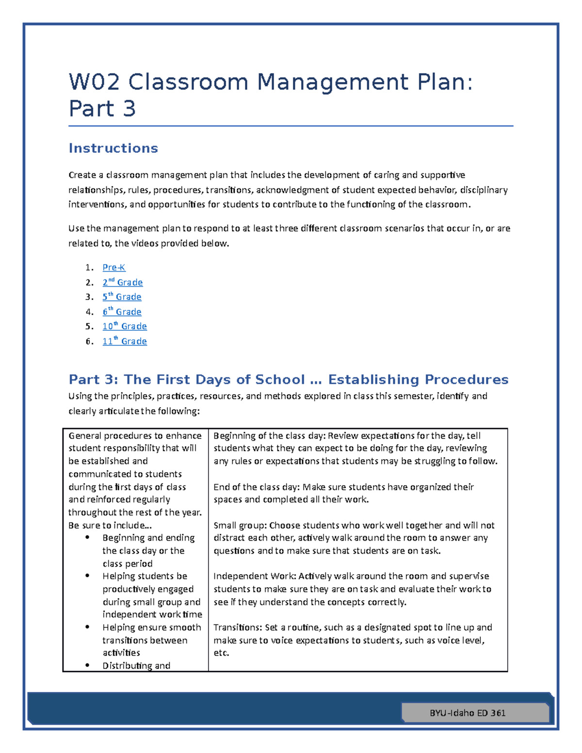 Classroom Management Part 3 - W02 Classroom Management Plan: Part 3 ...