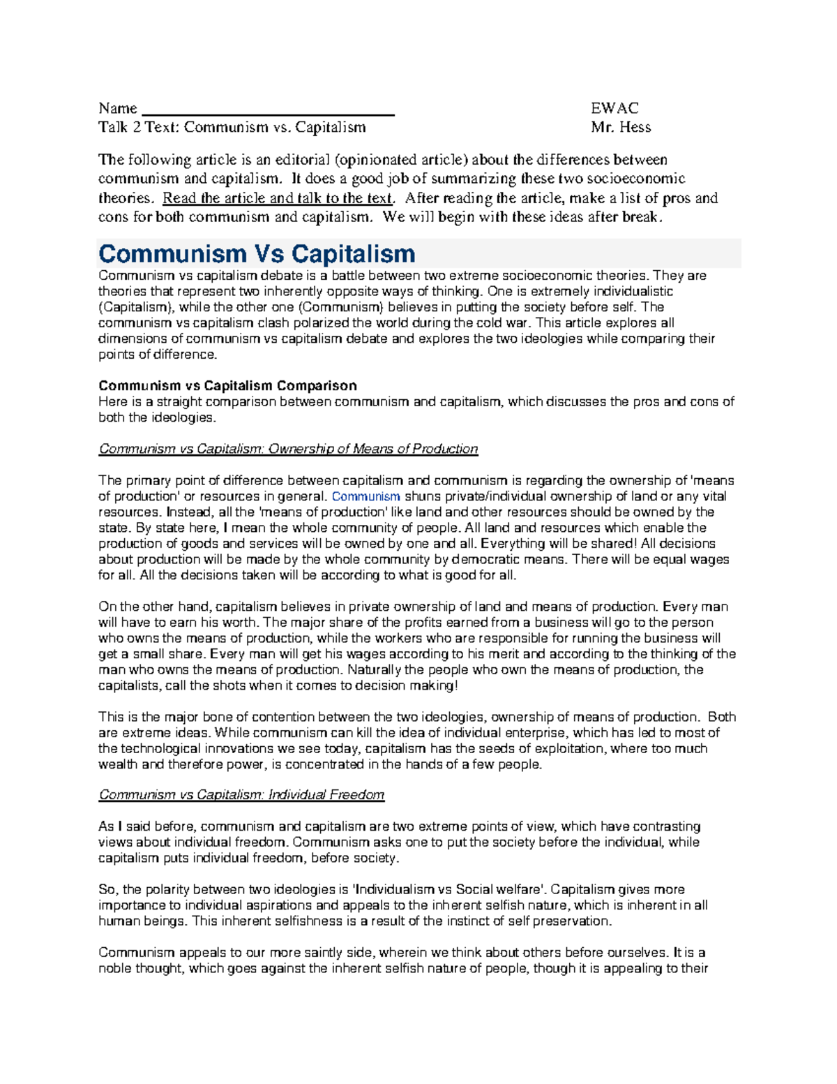 Communism Vs Capitalism - Name EWAC Talk 2 Text: Communism vs ...