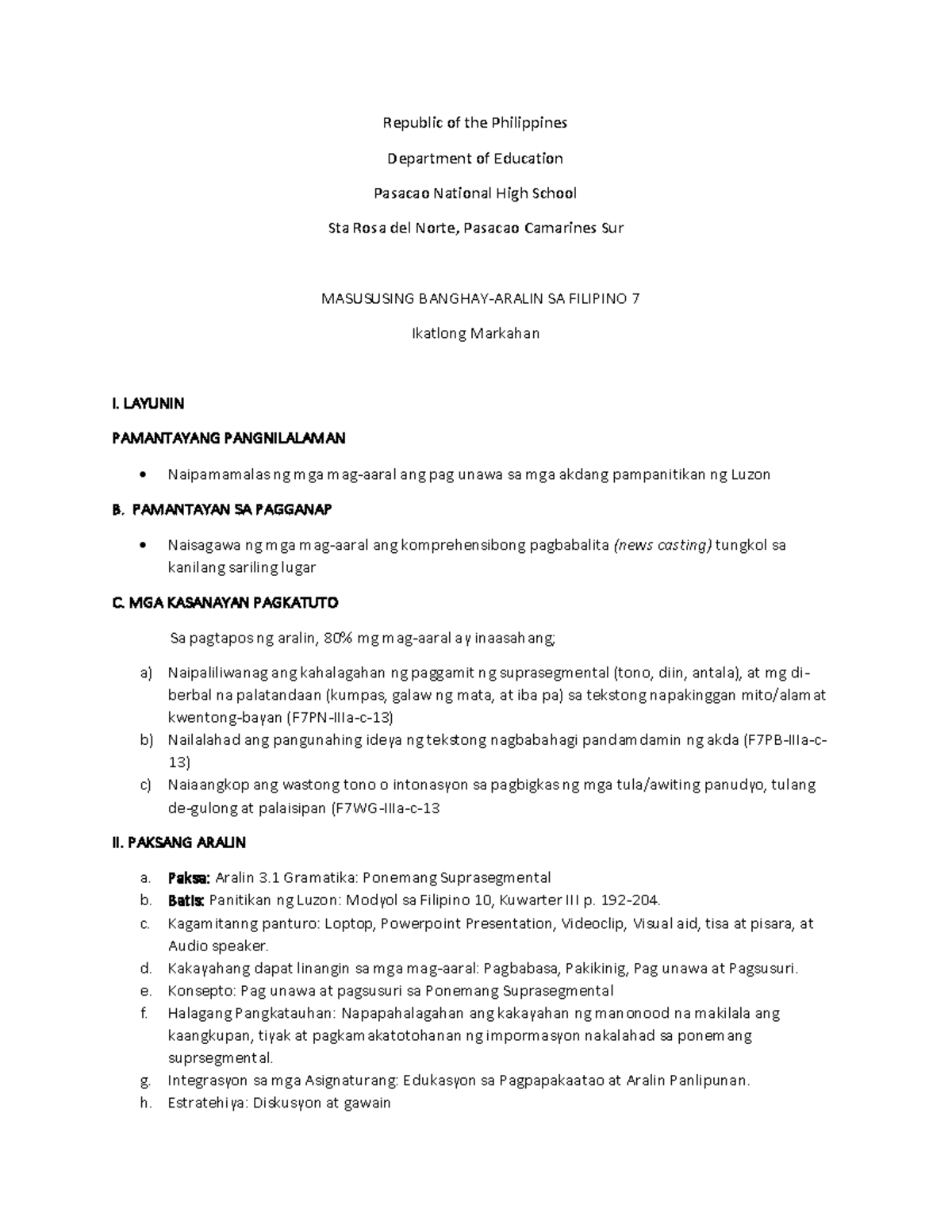 DLP Ponemang Suprasegmental - Republic of the Philippines Department of ...