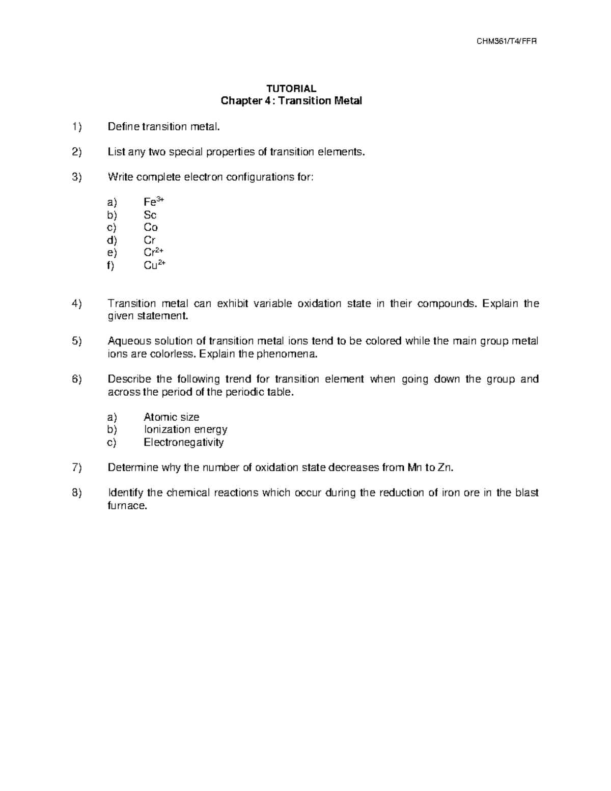 Tutorial 4 chm361 - SEM OCT 21 - FEB 22 CHM361/T4/FFR TUTORIAL Chapter ...