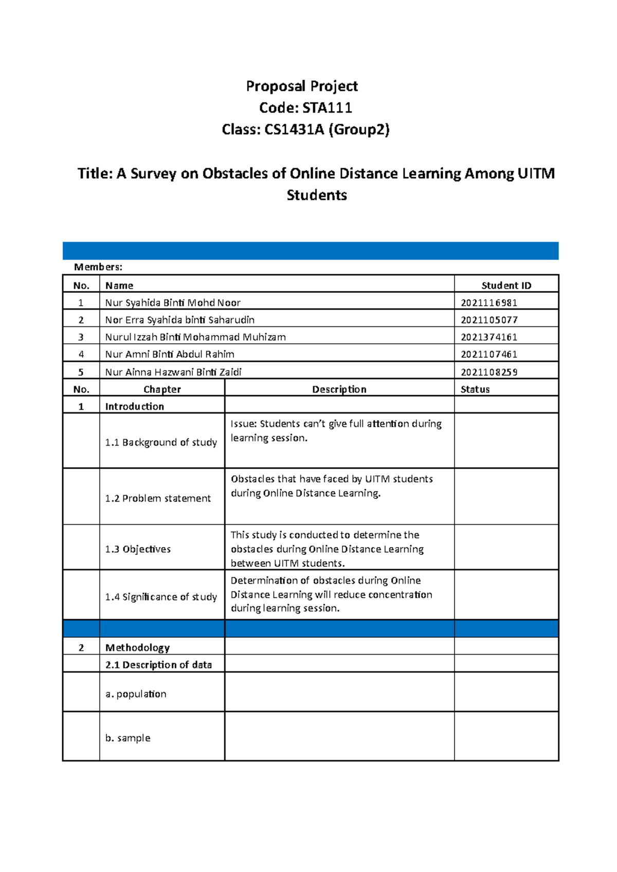 Proposal Project STA111 Fundamentals of Statistics - UiTM - Studocu