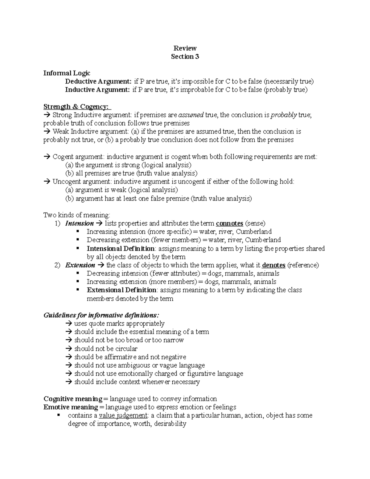 Review Notes - Exam 3 - Review Section 3 Informal Logic Deductive ...
