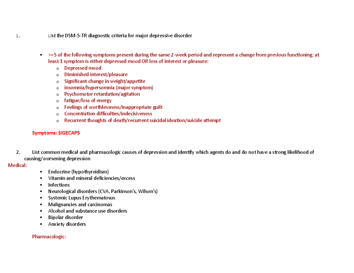 Major Depressive Disorder - List the DSM-5-TR diagnostic criteria for ...